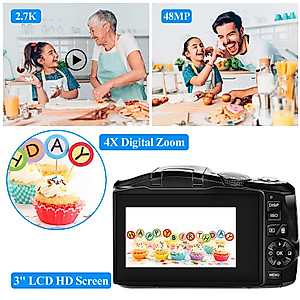 Lincom Tech Digital Camera, 2.7K 48MP Full HD Vlogging Camera Rechargeable YouTube Camera, 3 Inch Portable Compact Mini Blogging Camera Point and Shoot Camera for YouTube, Black