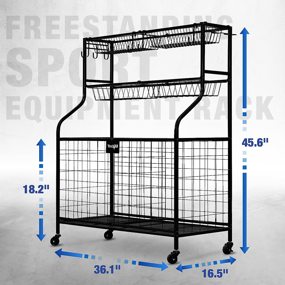 Yes4All Garage Sports Equipment Organizer, Garage Ball Storage, Rolling Ball Storage for Indoor/Outdoor Use, Steel, Black