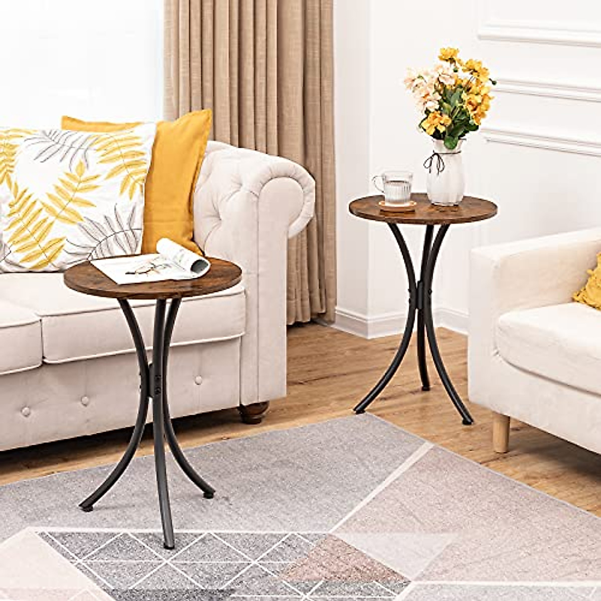 HOOBRO Side Tables, Set of 2 Round End Table, Industrial Sofa Couch Table, X Base Home Decor Accent Table for Small Space in Living Room, Bedroom and Balcony, Stable Metal Frame, Rustic Brown BF06BZ01