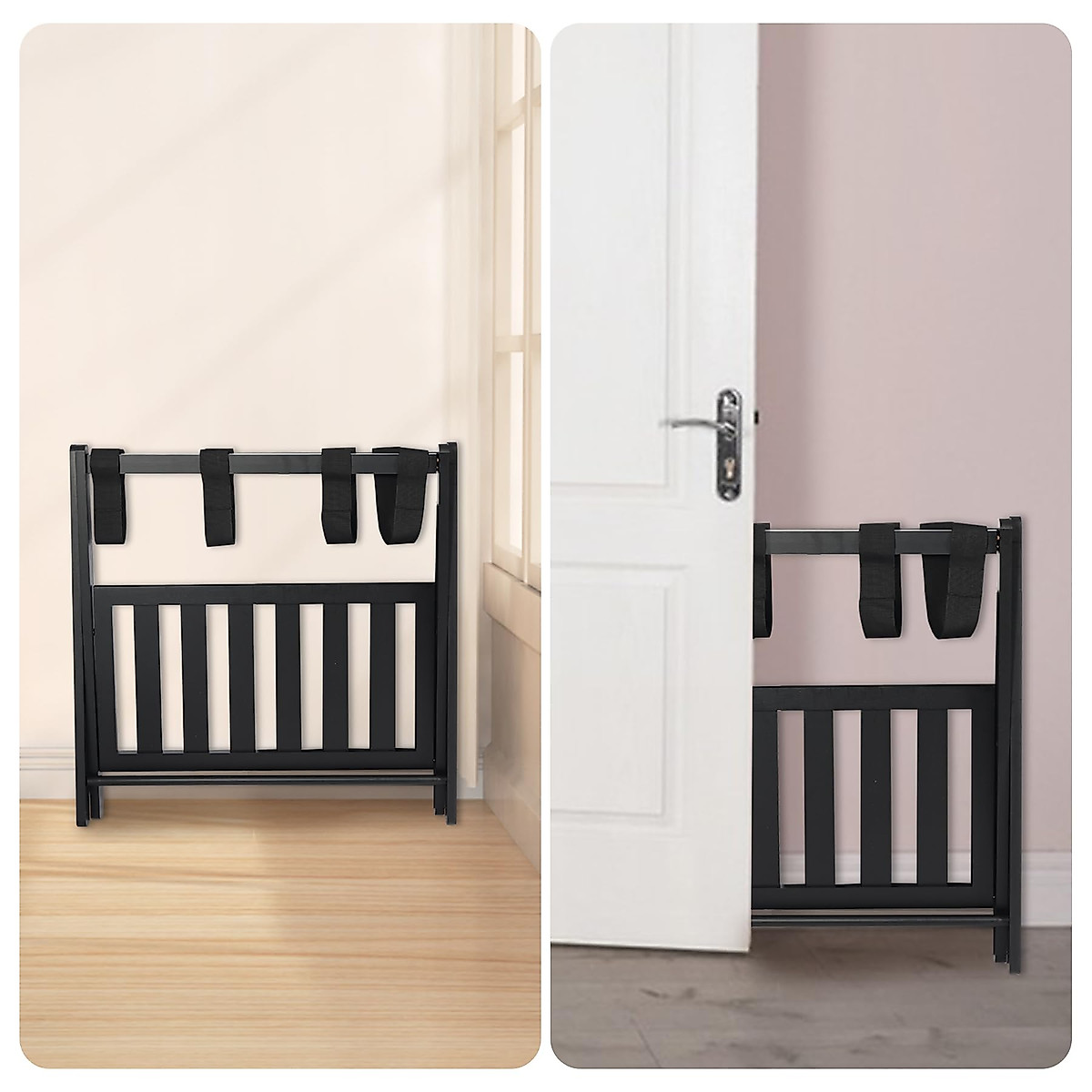 ALAPUR Folding Luggage Rack for Guest Room,Bamboo Suitcase Stand Holder with Shelf for Home Hotel Bedroom,Black