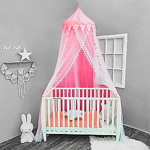Bed Canopy for Kids - Bed Canopy Mosquito Net with Pom Poms and Felt Stars by Kiddigard - Bed Canopy for Girls - Bed Canopy Baby - Bed Canopy Set.