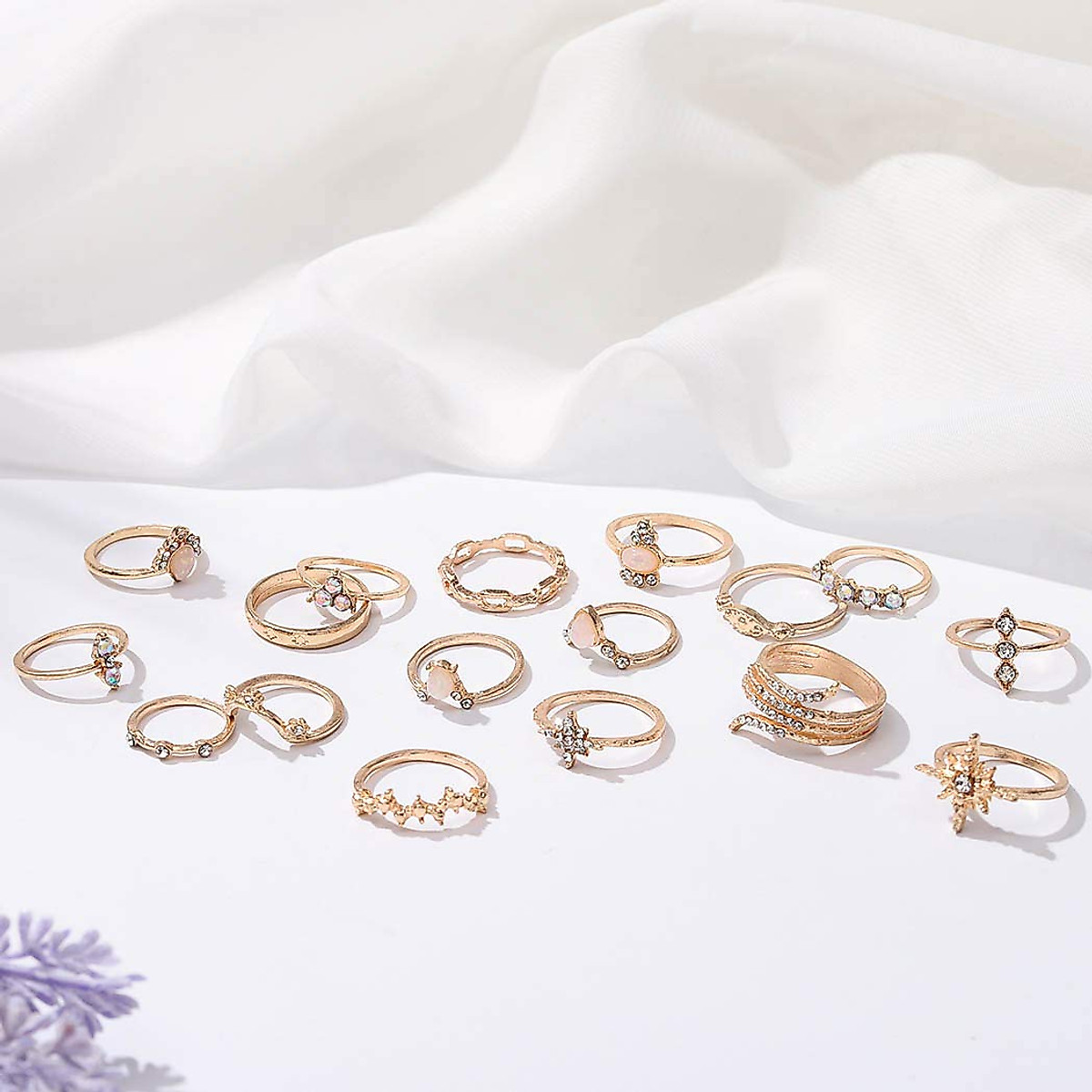 TWINKLEDE Boho Stackable Rings 17Pcs Rhinestone Finger Rings Gold Crystal Joint Knuckle Rings for Women