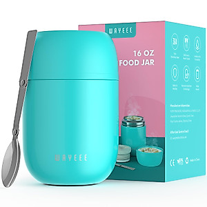 Insulated Food Jar WayEee Vacuum Bento Box Lunch Containers 16 oz for Kids Adults, Stainless Steel Leak Proof Wide Mouth Food Soup Thermos with Spoon Keeps Food Hot Cold for School Travel Picnic -Blue