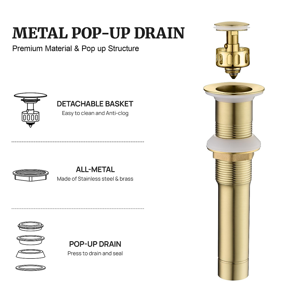 Pop up Sink Drain Stopper for Bathroom Vessel Vanity Sink Art Basin Brushed Gold, Small Cap Without Overflow, Metal Pop-up Drain Strainer with Detachable Basket Stopper