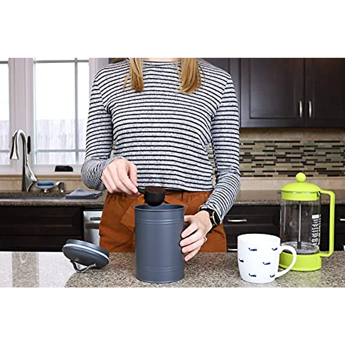 Kitchen Canisters, Set of 3 for Countertop Storage of Coffee, Food, Charcoal Grey Metal, All One-Size, Airtight Lids, Modern Farmhouse Industrial (8 Inches High with Lids, 4.5 Inches Diameter)