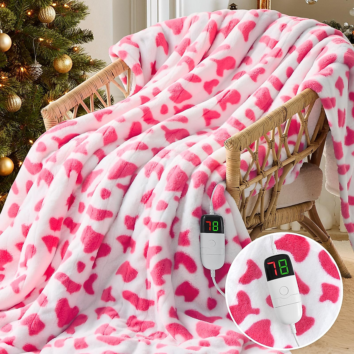 Pink Heated Blanket Electric Throw, 50x60 Heating Blanket, Strawberry Cow Print Rabbit Faux Fur Blanket with 10 Heating Levels, Soft Cozy Sherpa Winter Blanket, Plush Warming Gift for Cute Girls