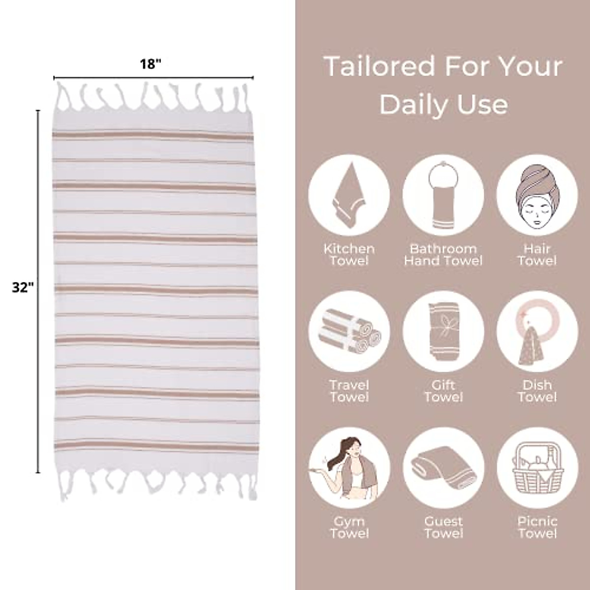 FESHKA Turkish Hand Towels Set of 2-100% Organic Cotton, 18x32 Prewashed Super Absorbent Peshtemal Towel for Hand, Kitchen, Face, Hair, Gym, Dishcloth, Yoga, Tea, Farmhouse Boho Decor (Brown)