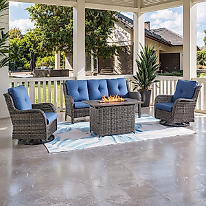HUMMUH Outdoor Patio Furniture with Fire Pit Table Outdoor Conversation Set PE Wicker Patio Couch Swivel Glider Chairs for Balcony Garden,Lawn,Deck
