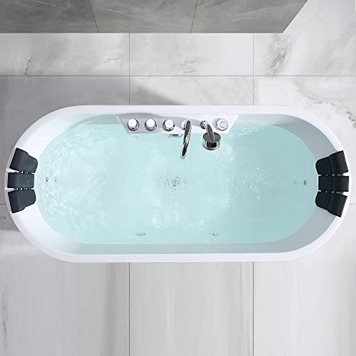 Empava 67 in. Acrylic Freestanding Tub Hydromassage Gracefully Oval Shaped Whirlpool 8 Water Jets Soaking SPA, Double-Ended Massage Bathtub with 2 Pillows , White
