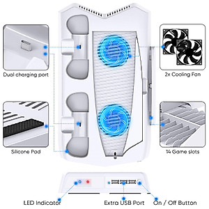 MENEEA Vertical Stand for PS5 Digital Edition/Ultra HD with Dual Controller Charging Station & Suction Cooling Fan & 14 Retractable Game Slots, for PS5 Gaming Accessories for PS5 Console