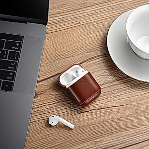 AirPods Case, ICARER Genuine Airpods Leather Case (The Front LED Visible) Wireless Charging Cover for Apple Airpod 2 & 1 (Brown)