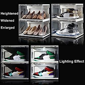 STAHMFOVER 2-Pack LED Sneakers Boxes-Voice Control,Stackable Clear Shoe Display Cases-Easy Access,Plastic Collection Storage Containers with Lids, Magnetic Open Shoe Organizer (WHITE)