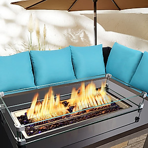 U-MAX Outdoor Propane Gas Fire Pit Table, 44 Inch 50,000 BTU Gas Auto-Ignition Rectangle Firepit for Patio with Brown Faux Stone Surface,Tempered Glass Lid & Glass Stone Rock CSA Certification