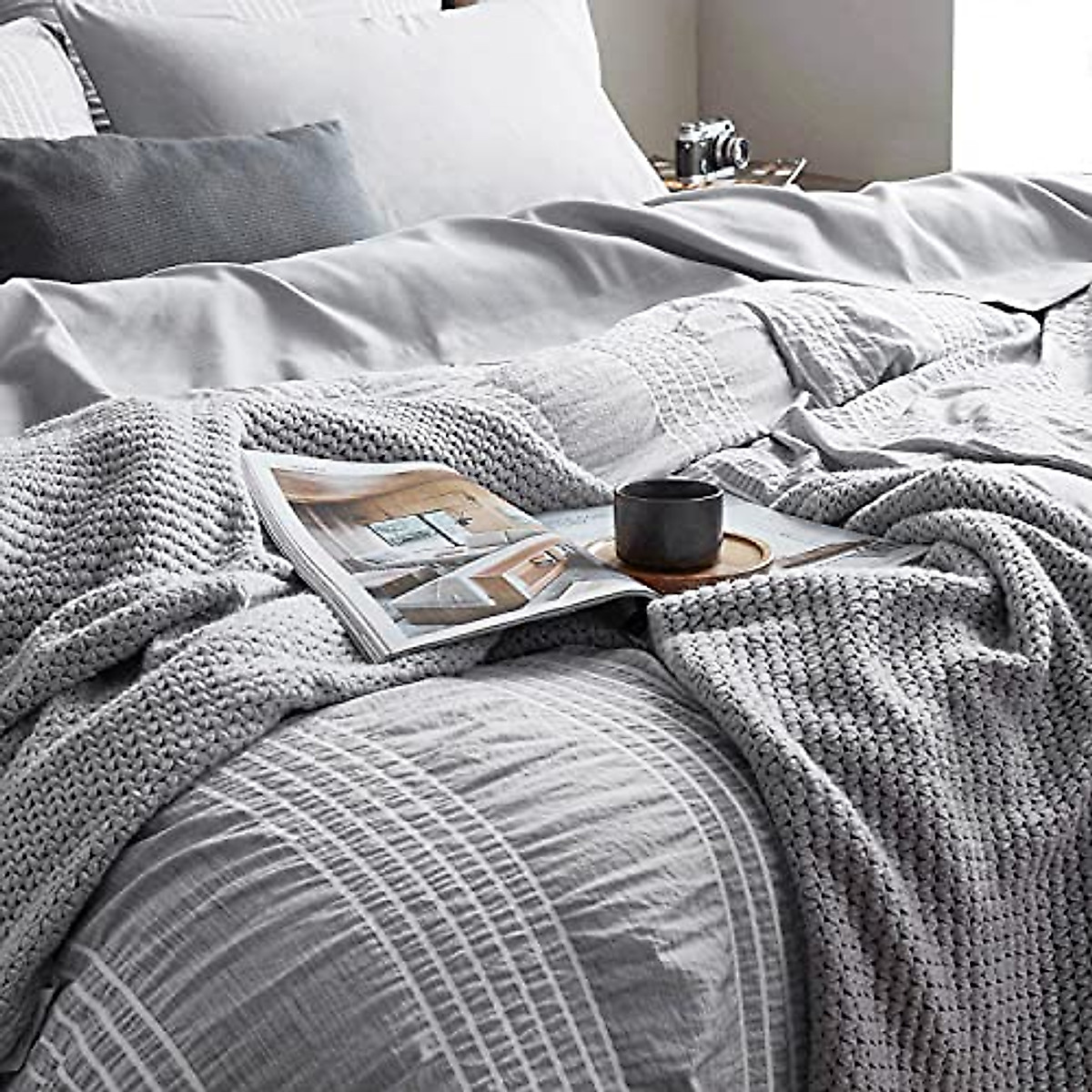 Bedsure Twin Bed in A Bag - Twin Comforter Sets 6 Piece Stripes Seersucker Bedding Set, Soft Lightweight Down Alternative Comforter Twin Bed Set(Grey 68x88 inch)