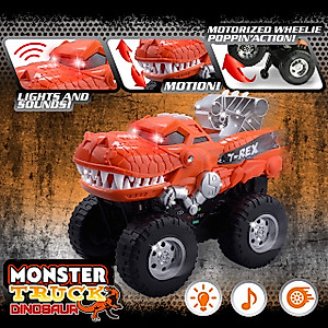 Rugged Racers Monster Trucks for Boys and Girls – Off Road Big Wheels Vehicle – Dinosaur – Battery Operated Mouth Opening Design – Revving Engine with Sounds and Lights
