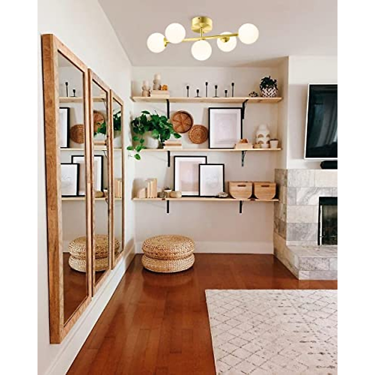 Bathroom Vanity Lights, 5-Light Bathroom Light Fixtures, Mid Century Modern Gold Bathroom Light Ceiling Light, Dimmable LED Wall Sconces Semi-Flush Mount Light Fixture with Milk Glass, Gold Brushed