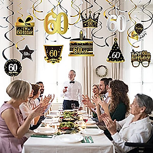 30 Pieces Birthday Party Decorations, Birthday Party Hanging Swirls, Silver Black Golden Cake Glasses Balloons Sign Foil Swirls Ceiling Decorations for Boy and Girl (60th Style)