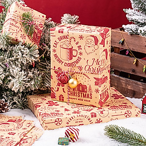 RUSPEPA Kraft Wrapping Paper Sheets - Christmas Red Elements Design - 12 Folded Sheets-19.68 X 27.5 Inch