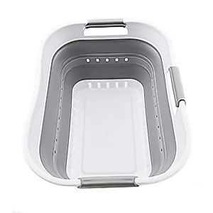SAMMART 19L (5 gallon) Super Mini Collapsible 3 Handled Plastic Basket - Foldable Pop Up Storage Container/Organizer - Space Saving Hamper/Basket (1, White/Grey)