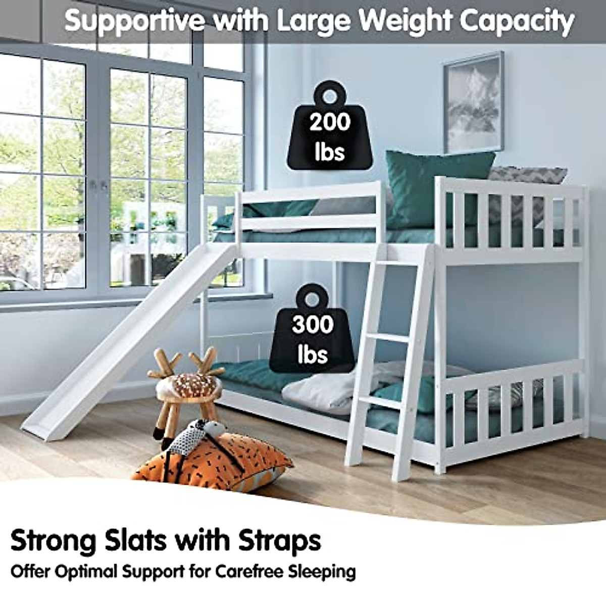 GORELAX Twin Over Twin Size Bunk Bed with Slide, Loft Low Bunk Beds, Wood Floor Bed Frame with Ladder & Guardrail, No Box Spring Needed, Space-Saving Modern Bunk Bed for Kids, Adults (White)