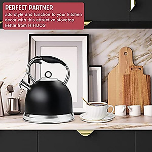 Tea Kettle - HIHUOS 3.17QT Whistling Tea Pots for Stove Top - Sleek 18/8 Stainless Steel Stovetop Kettle, Easy-grip Handle With Trigger Opening Mechanism, 1 Free Silicone Pinch Mitt Included (Black)