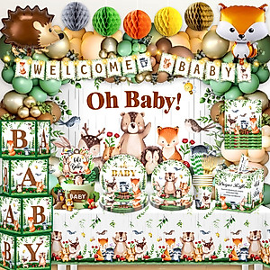 cocomigo 292pcs Woodland Baby Shower Decorations Baby Shower Decorations Neutral Animals Baby Shower Decorations Boys Girls Woodland Baby Shower Ideas pack for 20 Guest