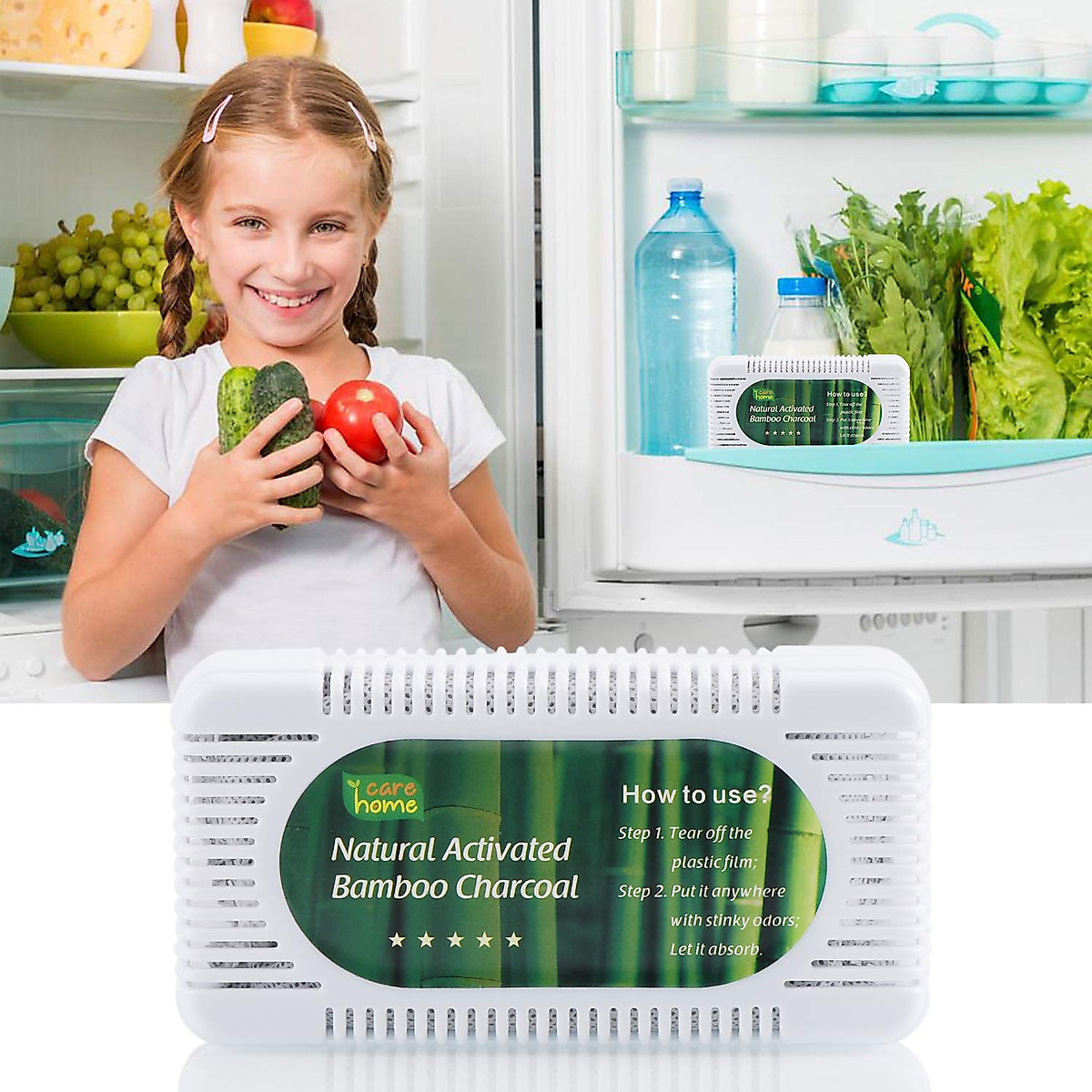 2 Pack Bamboo Charcoal Fridge Deodorizer, the Safer and Healthier Refrigerator Deodorizer for Home Use, Last For 3 Years