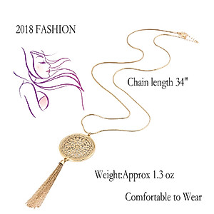 MOLOCH Long Necklaces for Woman Disk Circle Pendant Necklaces Tassel Fringe Necklace Set Statement Pendant (Gold)