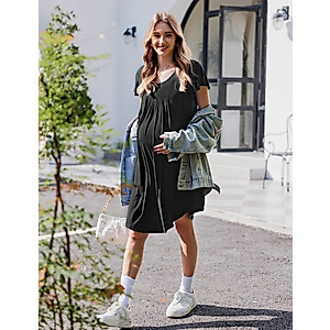 Ekouaer Nursing Nightown Labor and Delivery Gown for Hospital Pleated Breastfeeding Dress for Women Short Sleeve Maternity Sleepwear Black M