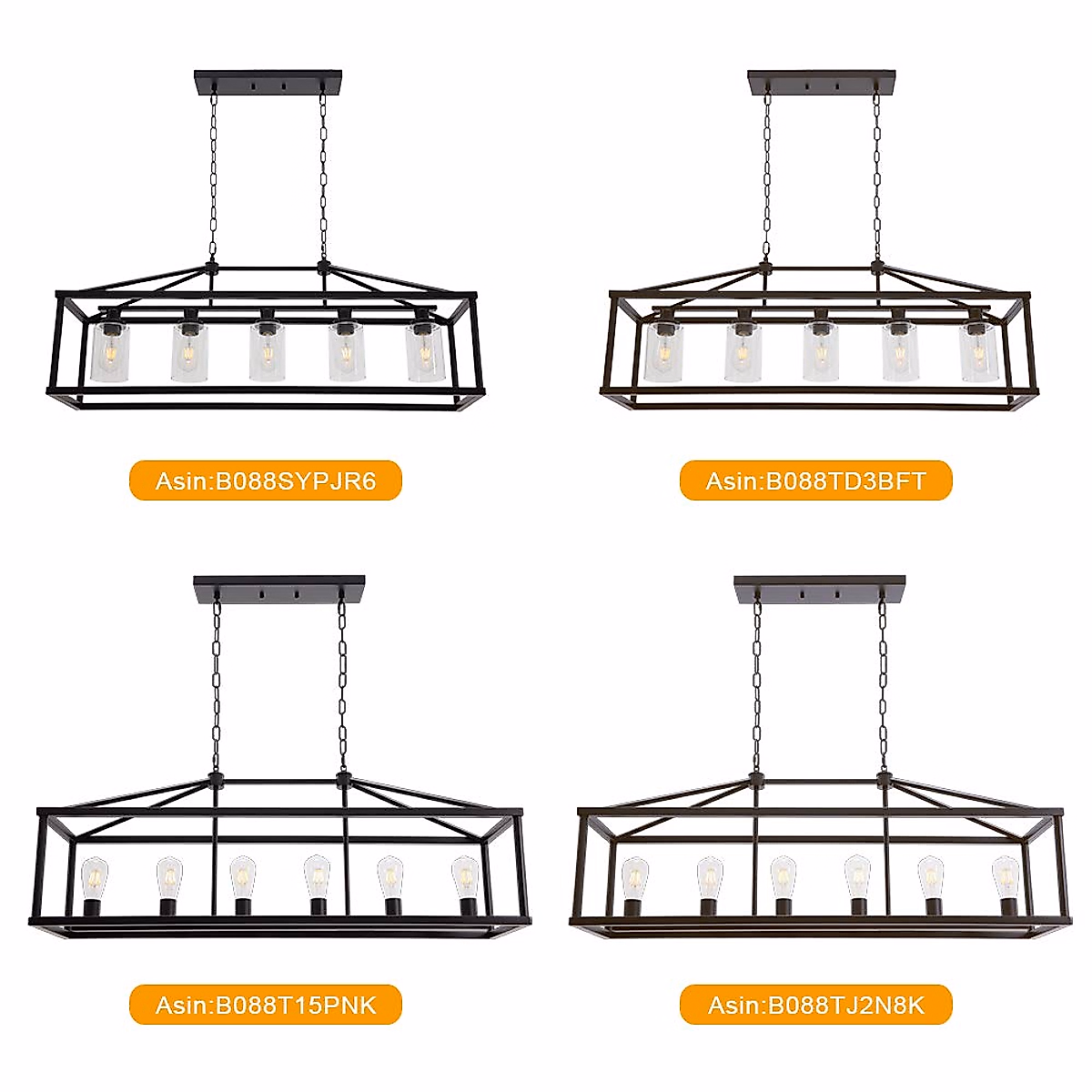 BONLICHT Modern Rectangle Chandelier 6 Light Black Industrial Vintage Kitchen Island Lighting Fixture Hanging Pendant Lamp Farmhouse Metal Cage Ceiling Light Fixtures for Living Room Dining Room Foyer