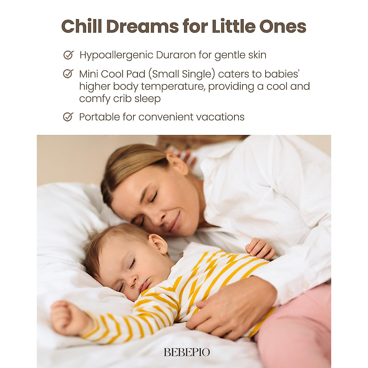 BebePio Duraron Cooling Mattress Topper Pad – Q-max 0.4 Chilling Effect Summer Blanket for Hot Sleepers & Babies – Quick Dry, Breathable, Cool Bed Throw (White, Grey), Mini