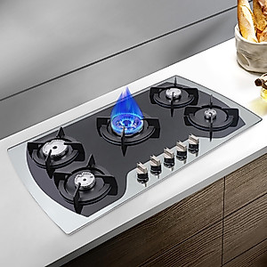36" Gas Cooktop LPG/NG, 5 Burners Gas Stove Gas Hob Stovetop, Built-in Gas Stove Top, Thermocouple Protection, Stainless Steel Gas Hob with Power Boil, Simmer, Continuous Grates, 5 Burner Silver