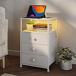 Tohomeor End Table with Charging Station LED Light Nightstand Bedroom Bed Side Dresser with 3 Fabric Drawers Open Storage Shelf Living Room Sofa End Table with USB Ports and Outlet (White, 1 Pack)