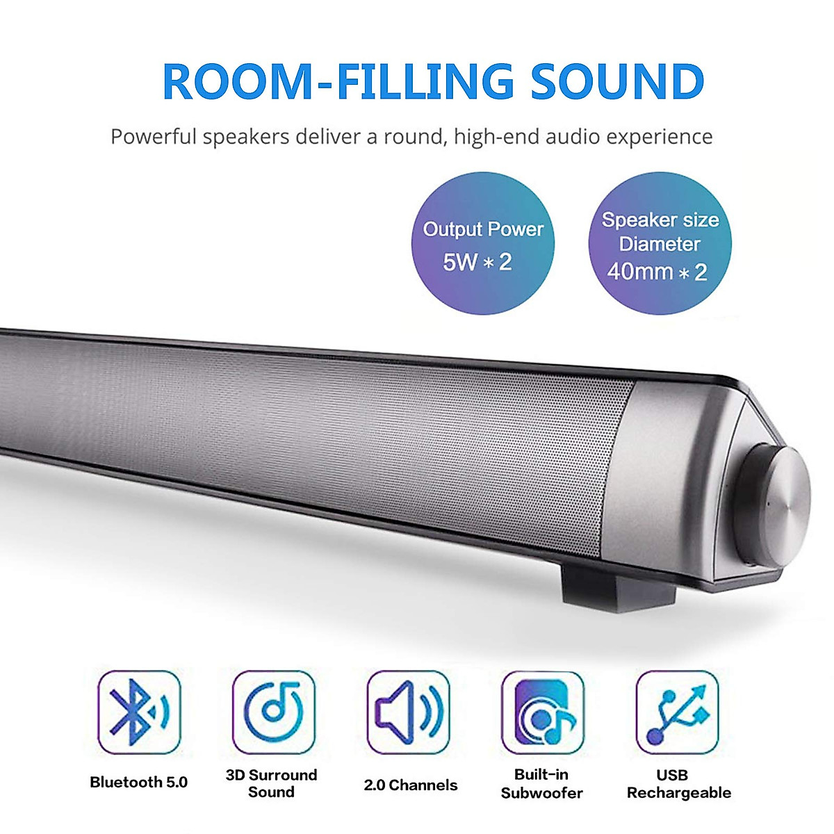 TOPROAD Sound Bar | Soundbar Wired and Wireless Bluetooth 5.0 Speaker | Built in Mic | for Cell Phone/Tablet/Projector and Support TV with AUX/RCA Output