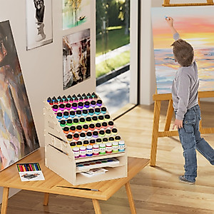 YAGEANNL Wooden Paint Organizer, Paint Rack Organizer with 76 Holes of 2 Sizes and 16 Brush Holders, 2 Cabinets Suitable for Citadel Paints, Craft Paint Storage Organizer for Miniature Paint Set