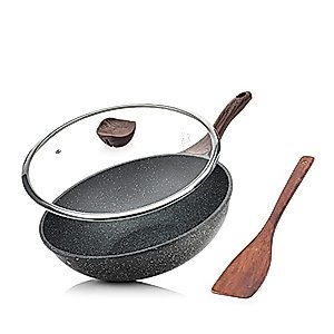 OUWO Nonstick Wok with Lid, Swiss granite 100% PFOA-Free Coating, Woks & Stir-fry Pans with Detachable Wooden Handle, Dishwasher Safe & Induction Bottom 12.5 Inch,6L