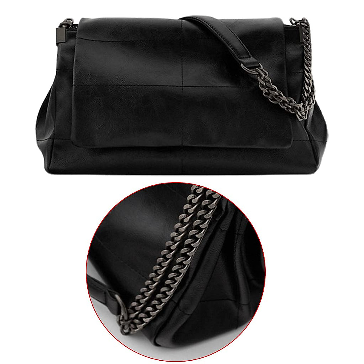Womens Vintage Black Rock Style Flap Single Shoulder Bag with Chain Strap Faux Leather Luxury Zipper Messenger Handbag Pack Purse Chain Strap Faux Leather Purse
