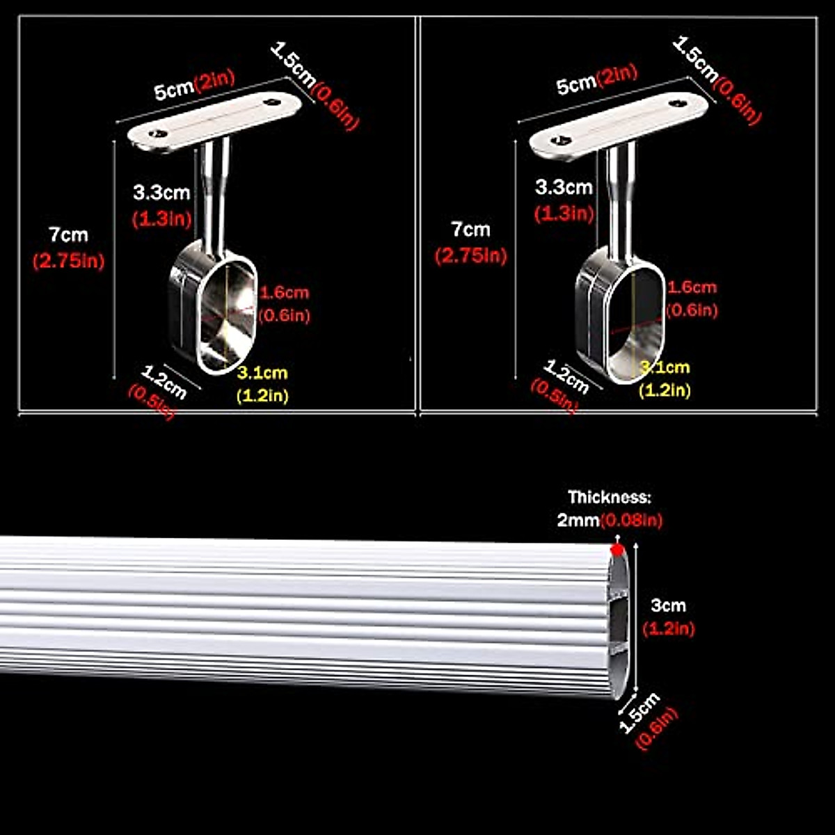 RAUGAJ Silver Aluminum Alloy Closet Rod Cuttable, 30-140Cm Long Oval Clothes Hanging Bar Top Mount, for Nursery/Home/Hotel/Office, with Bracket Kits/Closet W/D 23.6"(60Cm)