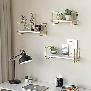 J JACKCUBE DESIGN White Wood Floating Shelves, Set of 3 Wall Mounted Hanging Shelves with Gold Wire Frames for Bedroom. Living Room, Kitchen, Bathroom and Office - MK696C
