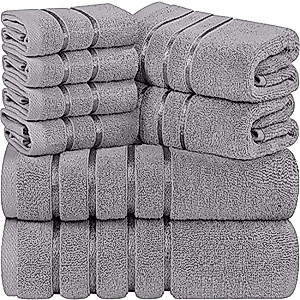 Utopia Towels 8-Piece Luxury Towel Set, 2 Bath Towels, 2 Hand Towels, and 4 Wash Cloths, 600 GSM 100% Ring Spun Cotton Highly Absorbent Viscose Stripe Towels Ideal for Everyday use (Cool Grey)