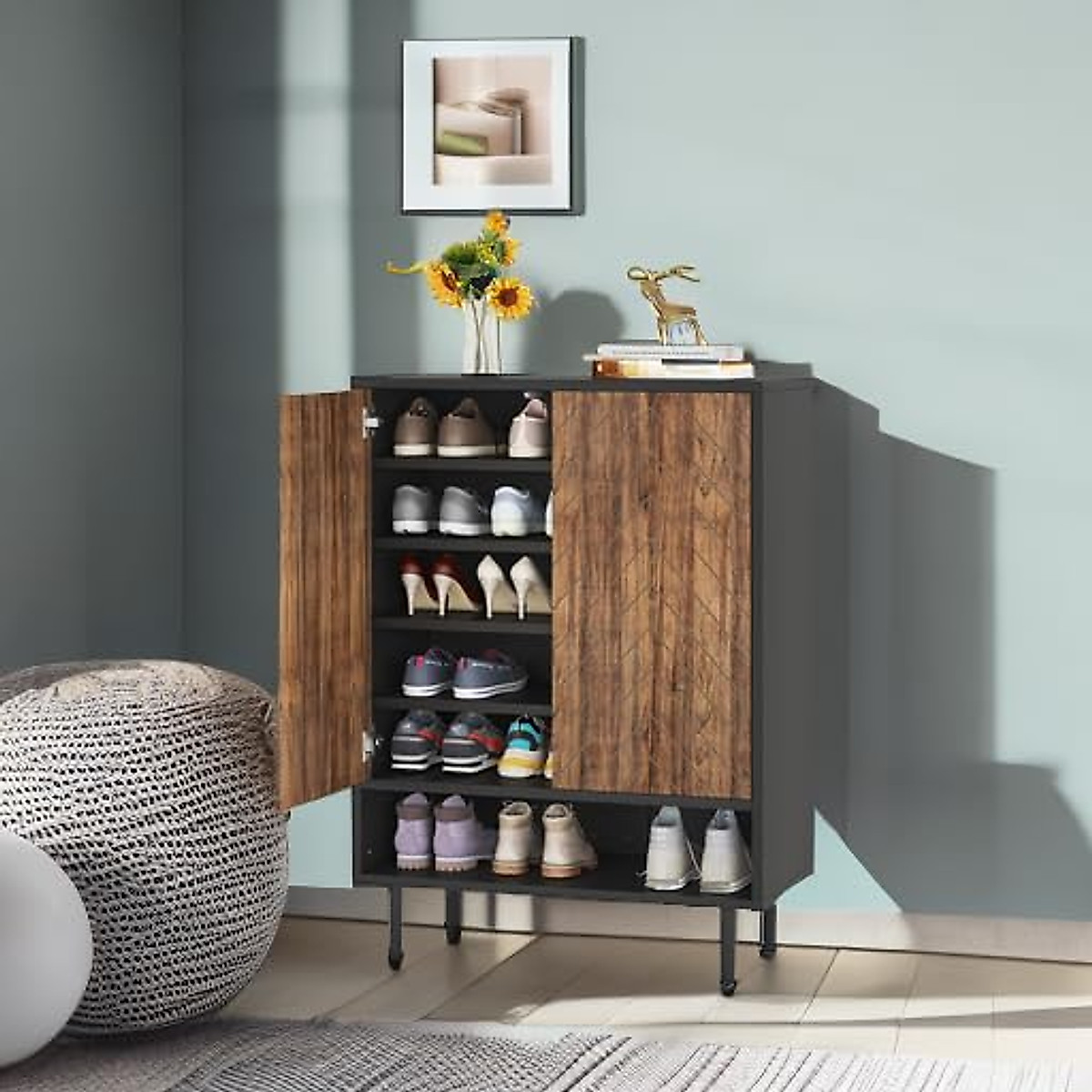 Tribesigns Shoe Cabinet, 18 Pair Shoe Rack Organizer Cabinet with Door, 6-Tier Modern Shoe Storage Cabinet with Shelves for Entryway Hallway Closet Bedroom, Black and Brown