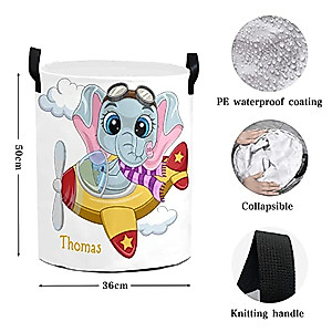 Elephant Pilot Plane Personalized Laundry Hamper ,Custom Name Collapsible Waterproof Laundry Basket Storage Bins with Handle for Clothes,Toy,Nursery