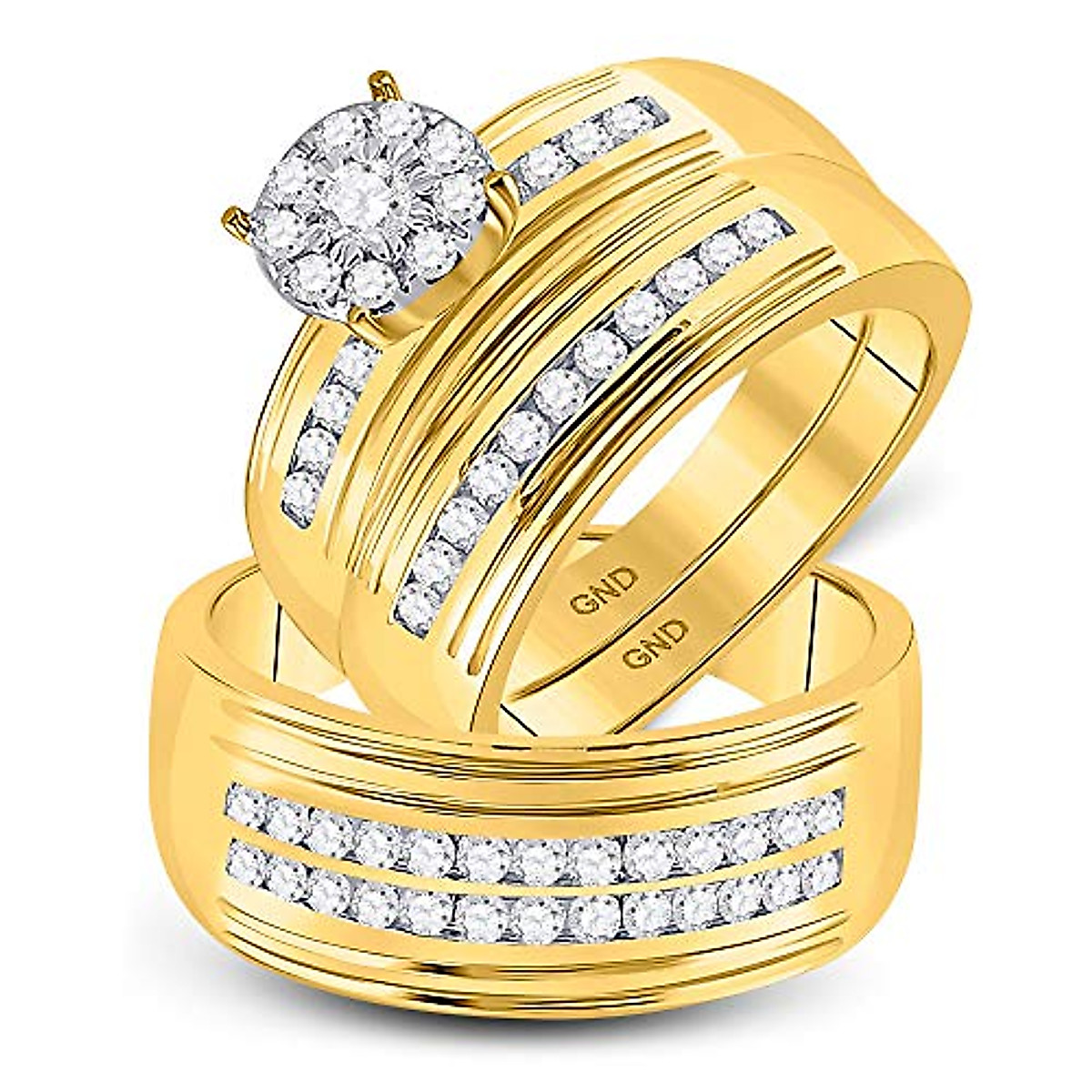 Solid 10k Yellow Gold His and Hers Round Diamond Solitaire Matching Couple Three Rings Bridal Engagement Ring Wedding Bands Set 1.00 Ct. - (L = 8.5, M = 11)