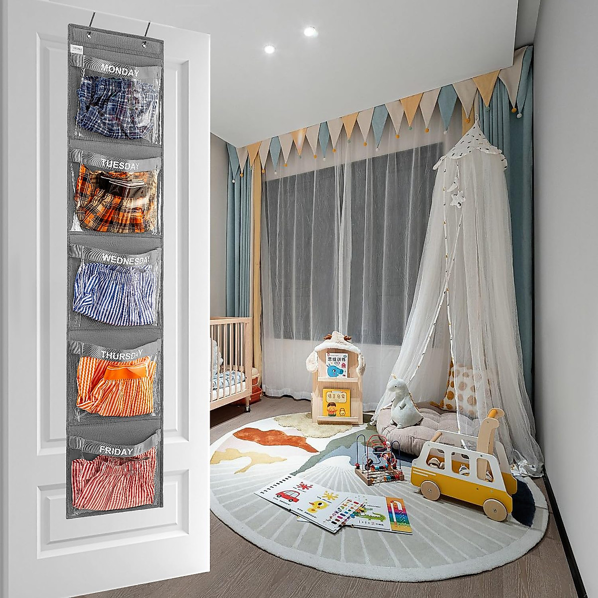 ANIZER Day of Week Kids Clothes Organizer Weekly Hanging Closet Organizer Monday to Friday School Clothing Storage (GREY)