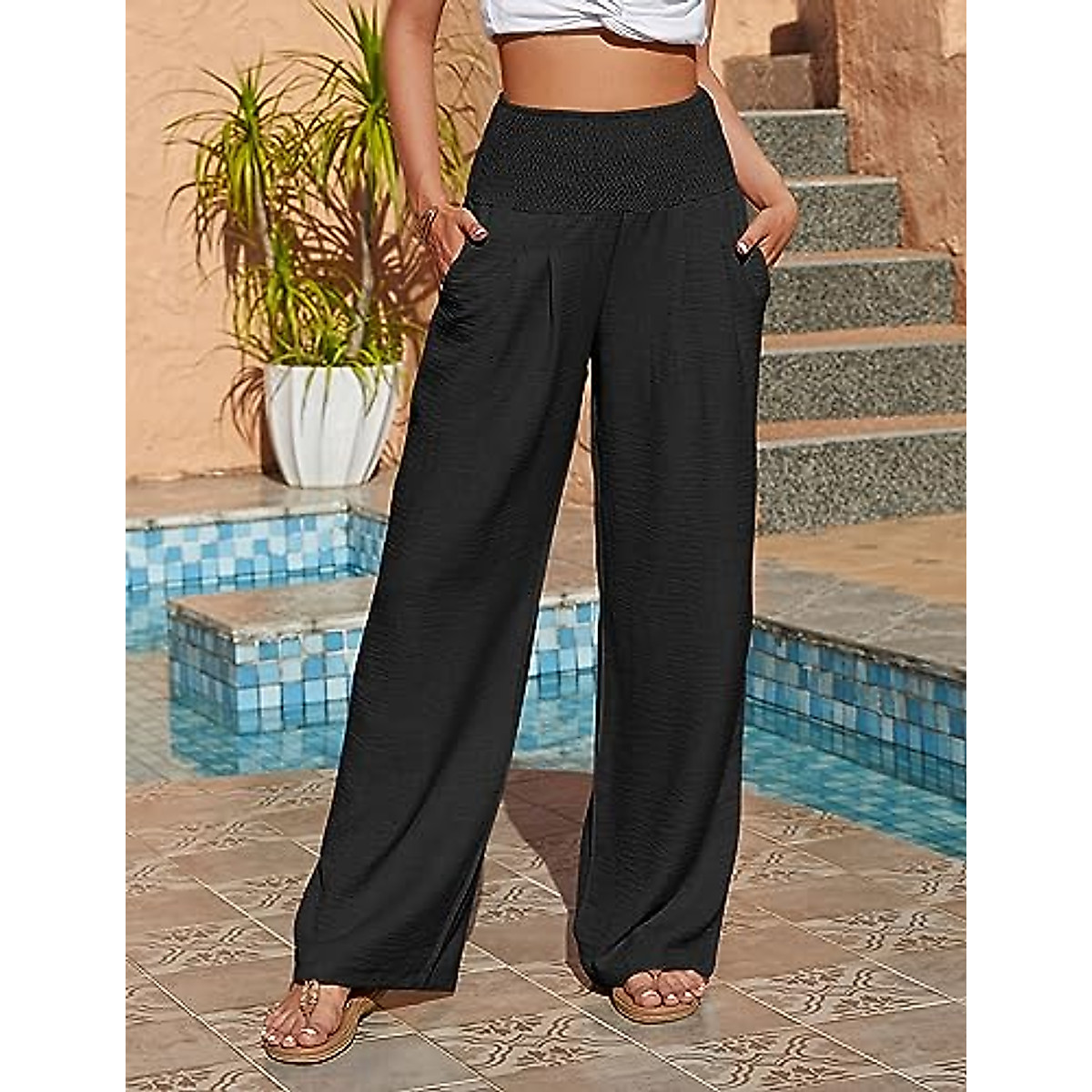 MUSIDORA Linen Pants Women Plus Size Boho Smocked High Waist Flowy Wide Leg with Pockets Stretchy Boho Beach Travel Trousers Petite (Black XL)