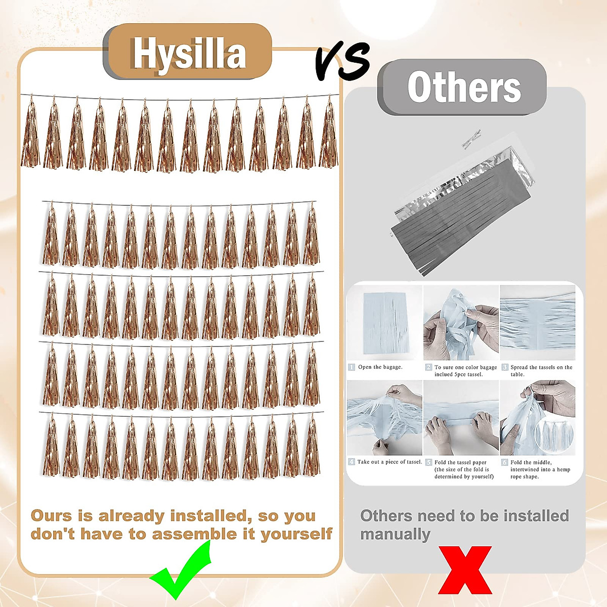 4P Champagne Gold Foil Fringe Metallic Streamers Banner Tassel Garland for Parade Floats, Bachelorette, Wedding, Birthday, Halloween, Christmas, Bridal/Baby Shower Party Decorations