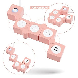 iJoy Flexible Power Strip- 3 AC Outlets and 2 USB Charging Ports with 5 Ft Extension Cord- 1250W/125V Decorative Surge Protector Outlet Extender for Home Office, Dorm, Room and More (Pink)