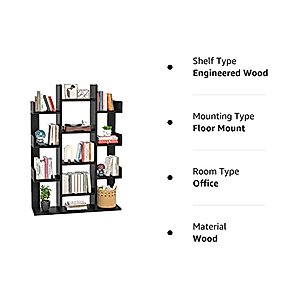 Aheaplus Bookshelf, Tree-Shaped Bookcase Storage Shelf with 13 compartments, Books Organizer Display Cube Shelves, Industrial Free Floor Standing Wood Open Bookshelves, Black