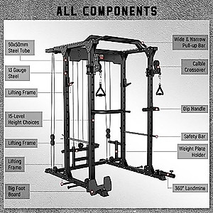 MAJOR LUTIE Fitness Power Cage with 245LBS Cast Iron Weight Plates and Olympic Barbell, PLM03 All-in-One Multi-Function Power Rack with Adjustable Cable Crossover System and Exercise Attachment Black