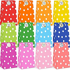 LovesTown 45PCS Paper Treat Bags with Stickers, Colorful Party Favor Bags Goody Bags Polka Dot Paper Bags for Birthday Baby Shower Wedding